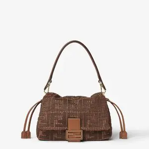 Fendi Baguette® Soft Medium Sellier Brown Raffia-effect Material Woven Bag With Ff Embroidery - [brown]